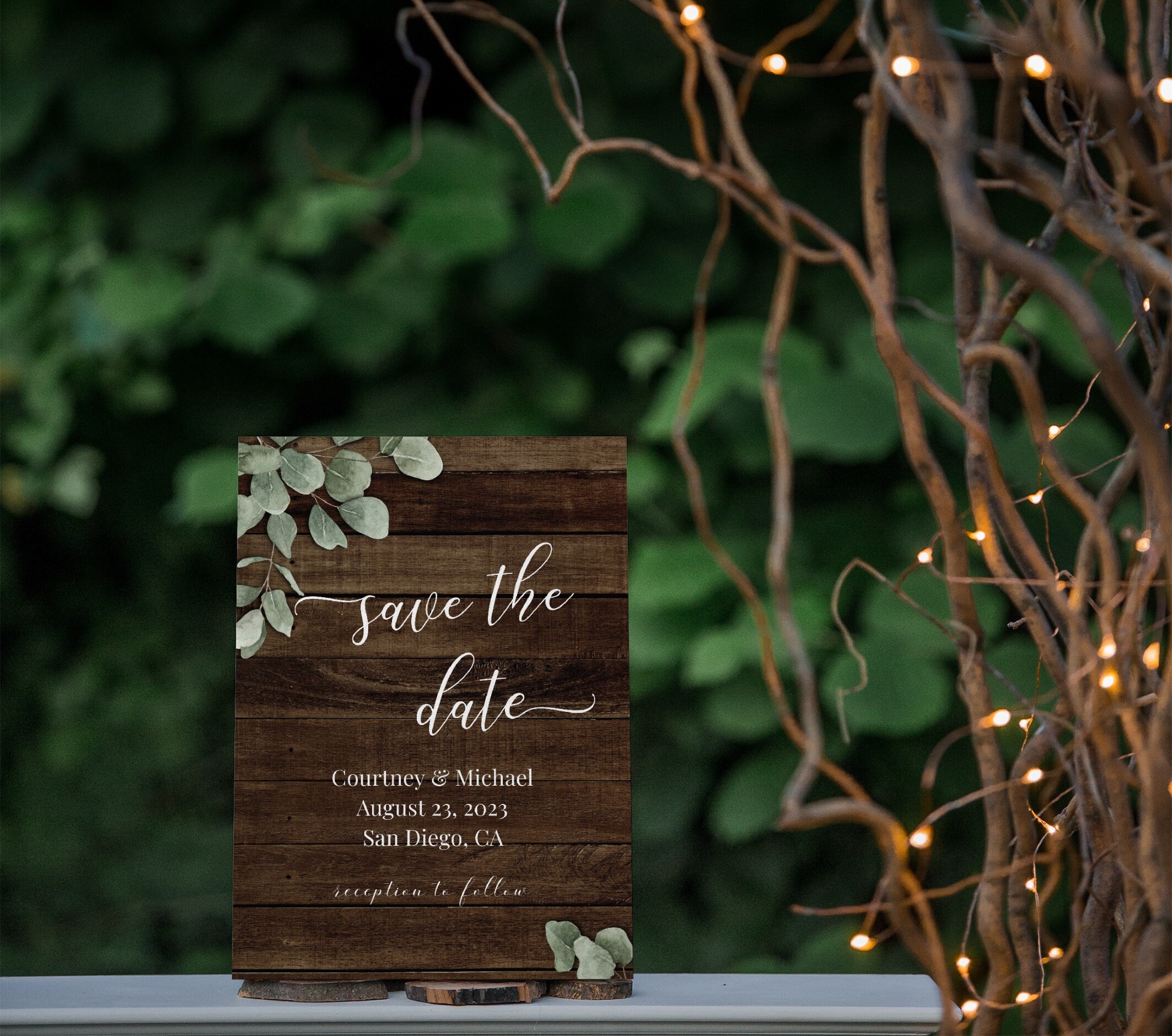 Rustic Wooden Save the Date Template, Dark Wood and Eucalyptus Greenery ...