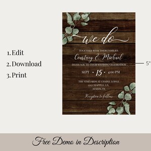 Rustic Dark Wooden Wedding Invitation Template, Greenery and Wood ...