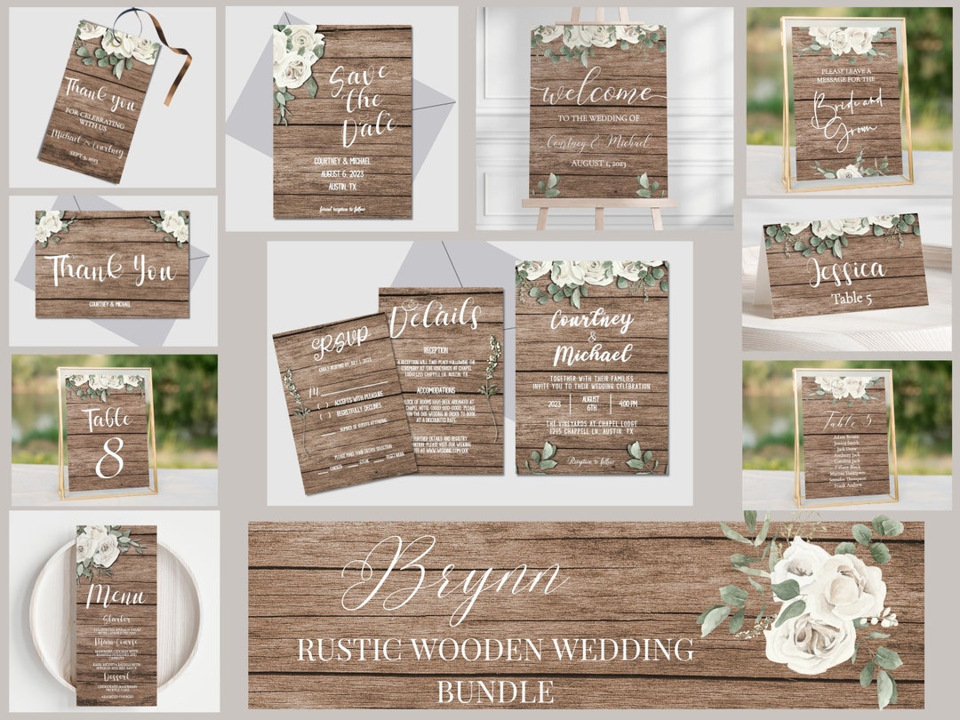 Rustic Floral Wooden Wedding Invitation Bundle, White Floral and ...