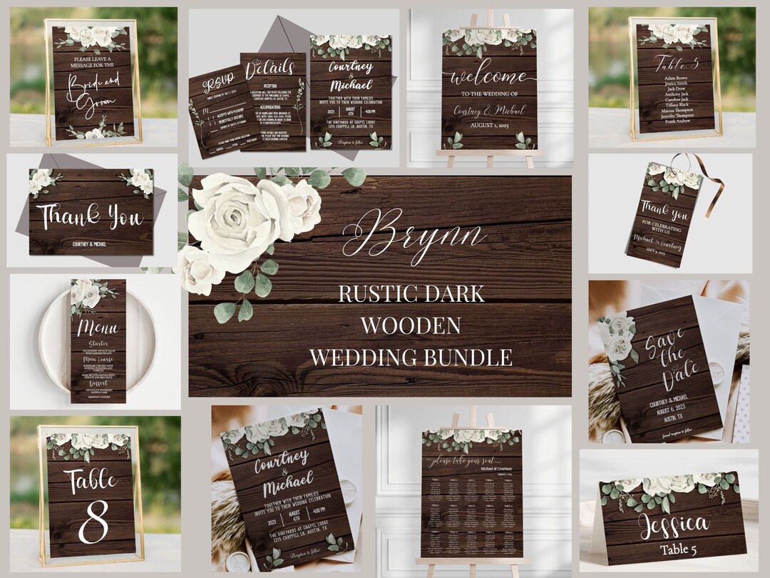 Dark Wooden Mega Wedding Invitation Bundle, Rustic White Floral ...