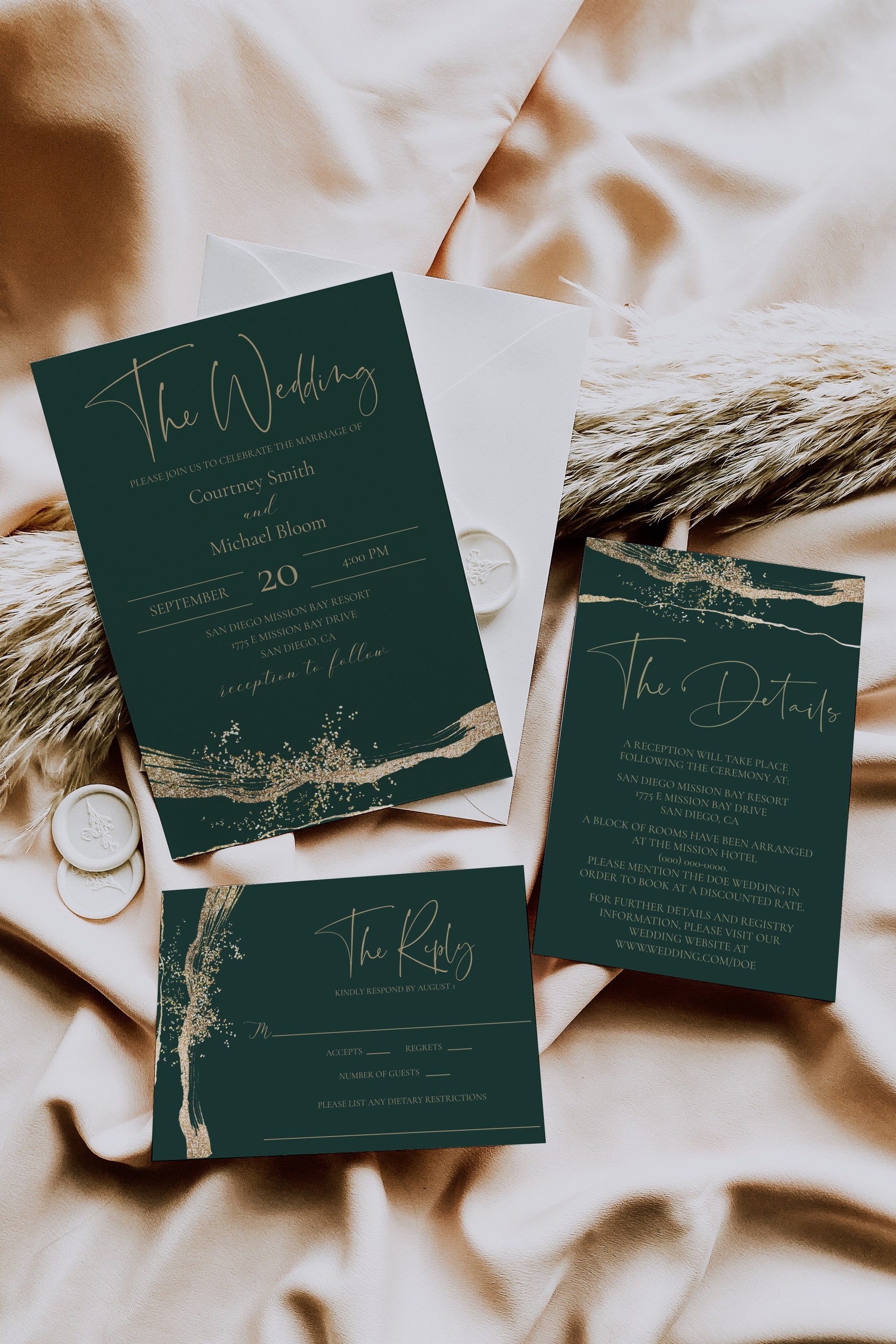 Emerald and Gold Wedding Invitation Set, Printable Dark Green Wedding ...