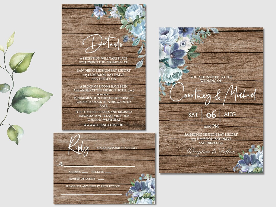 Rustic Dusty Blue Wooden Wedding Invitation Template, Printable Blue ...