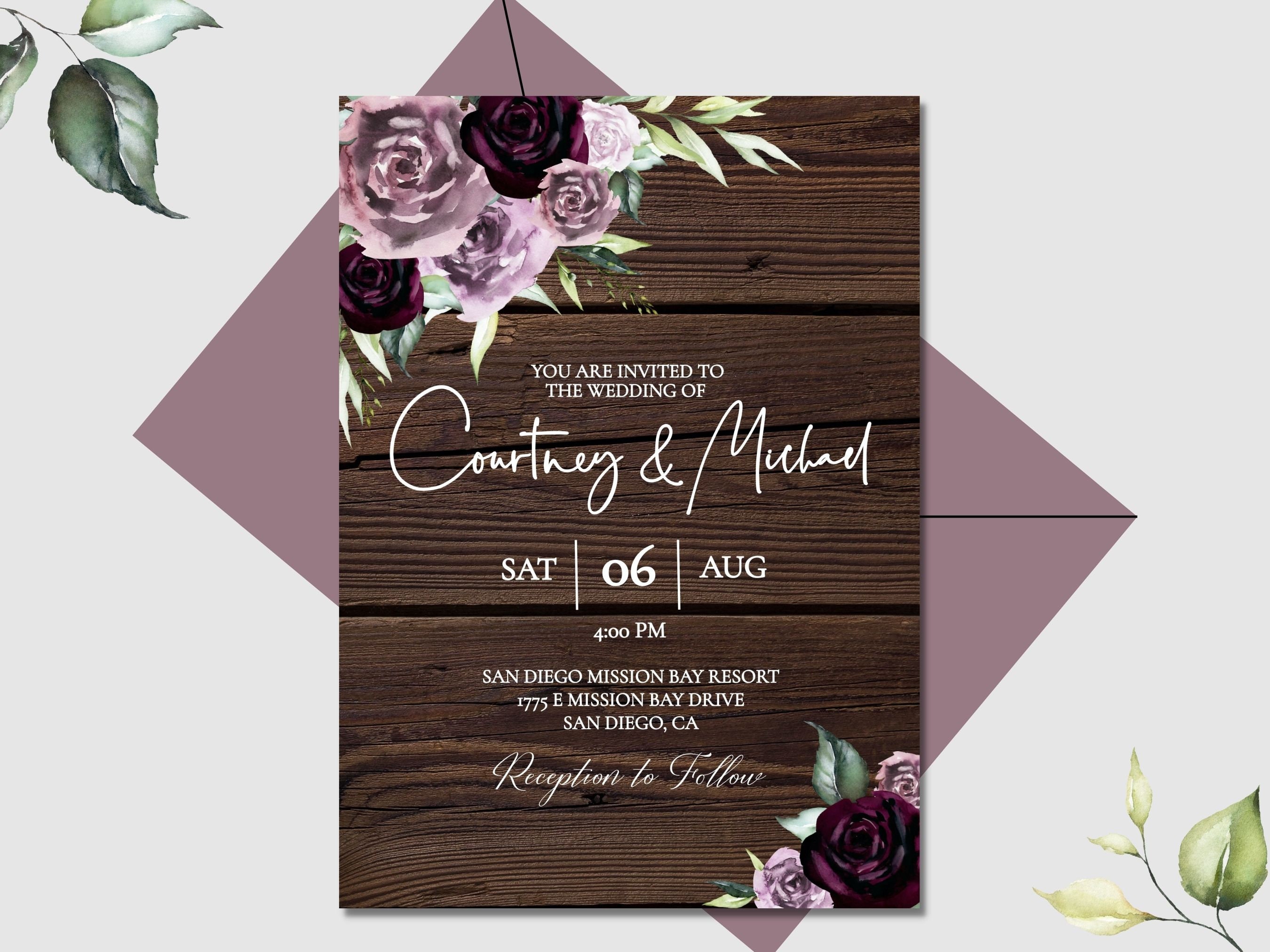 Rustic Purple Wooden Wedding Invitation Set, Deep Purple and Mauve ...