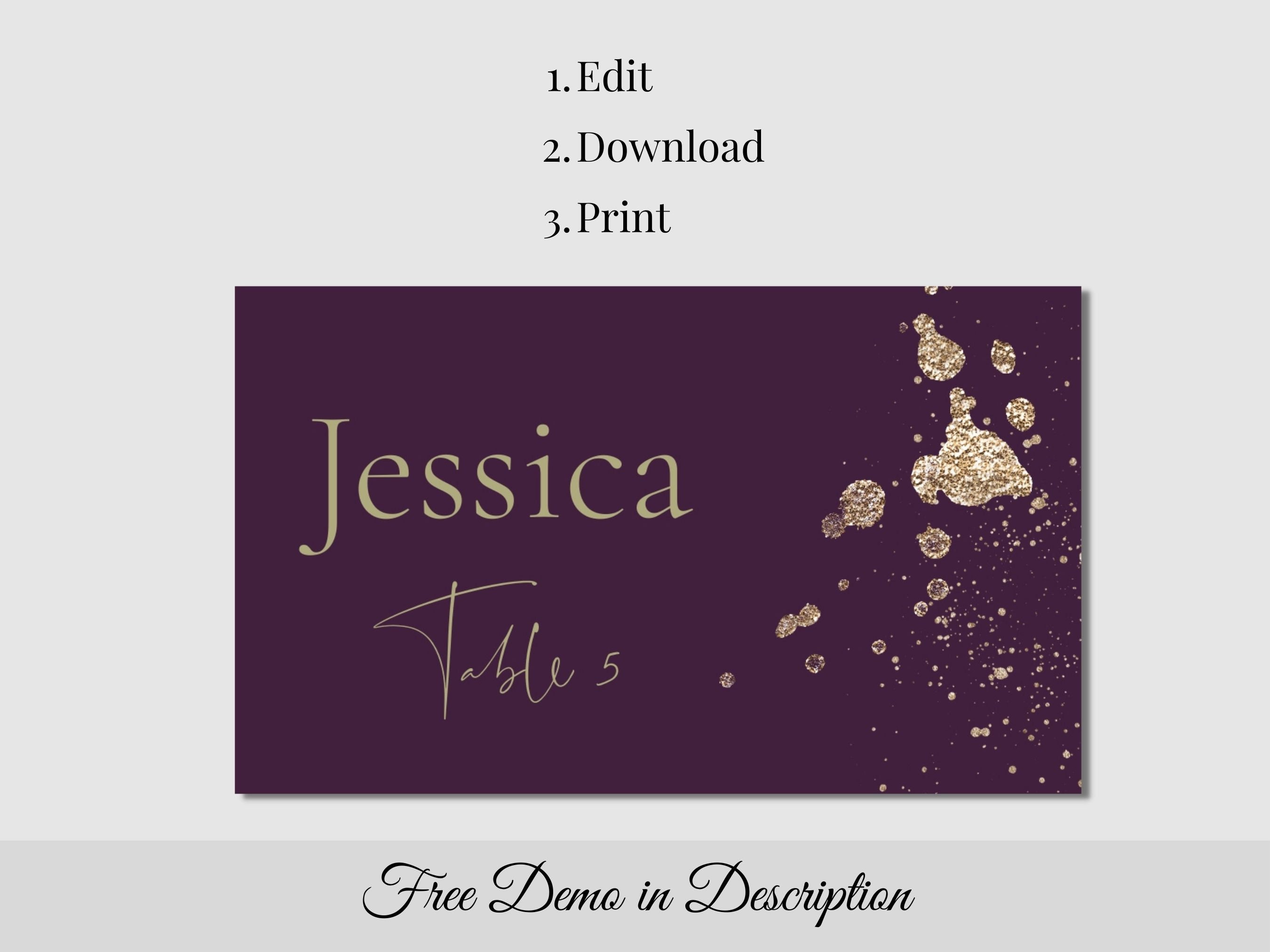 Dark Purple and Gold Wedding Name Card Template, Deep Plum Printable ...