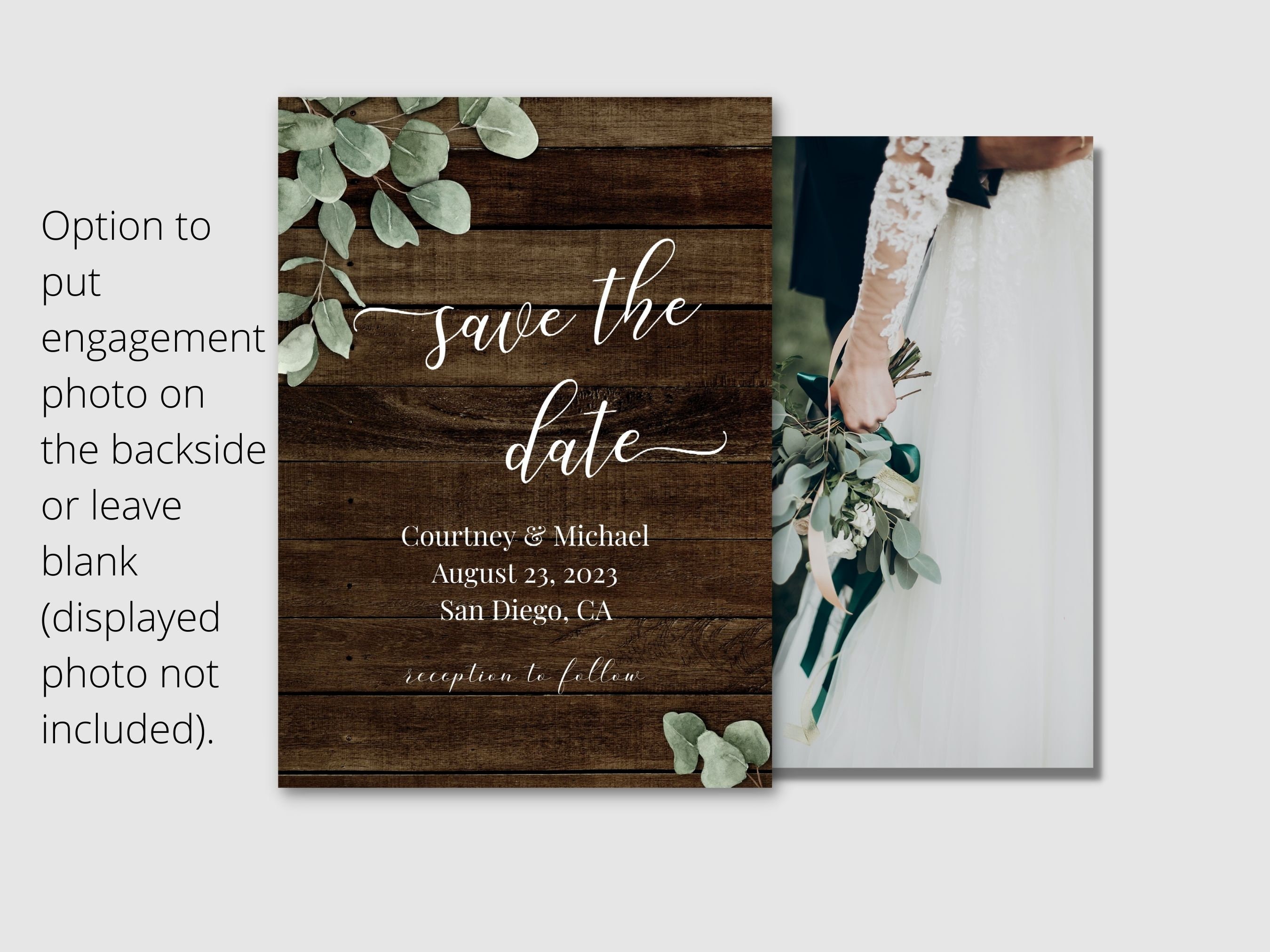 Rustic Wooden Save the Date Template, Dark Wood and Eucalyptus Greenery ...