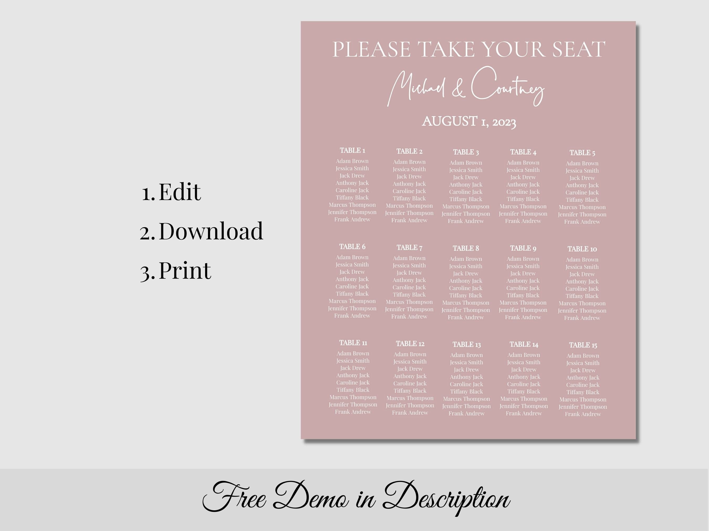 Dusty Pink Wedding Seating Chart Template, Printable Mauve Rose Seating ...