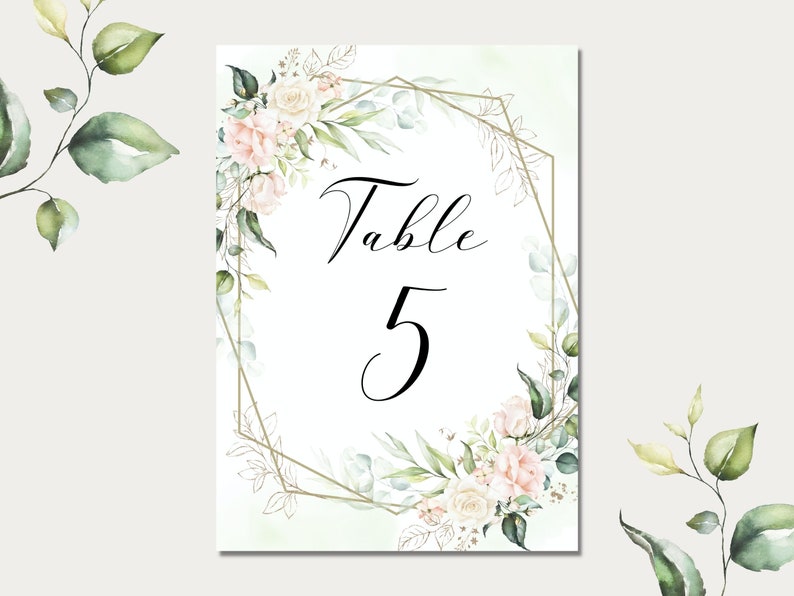 Blush and Sage Table Number, Pink and Gold Rustic Wedding Table Number ...