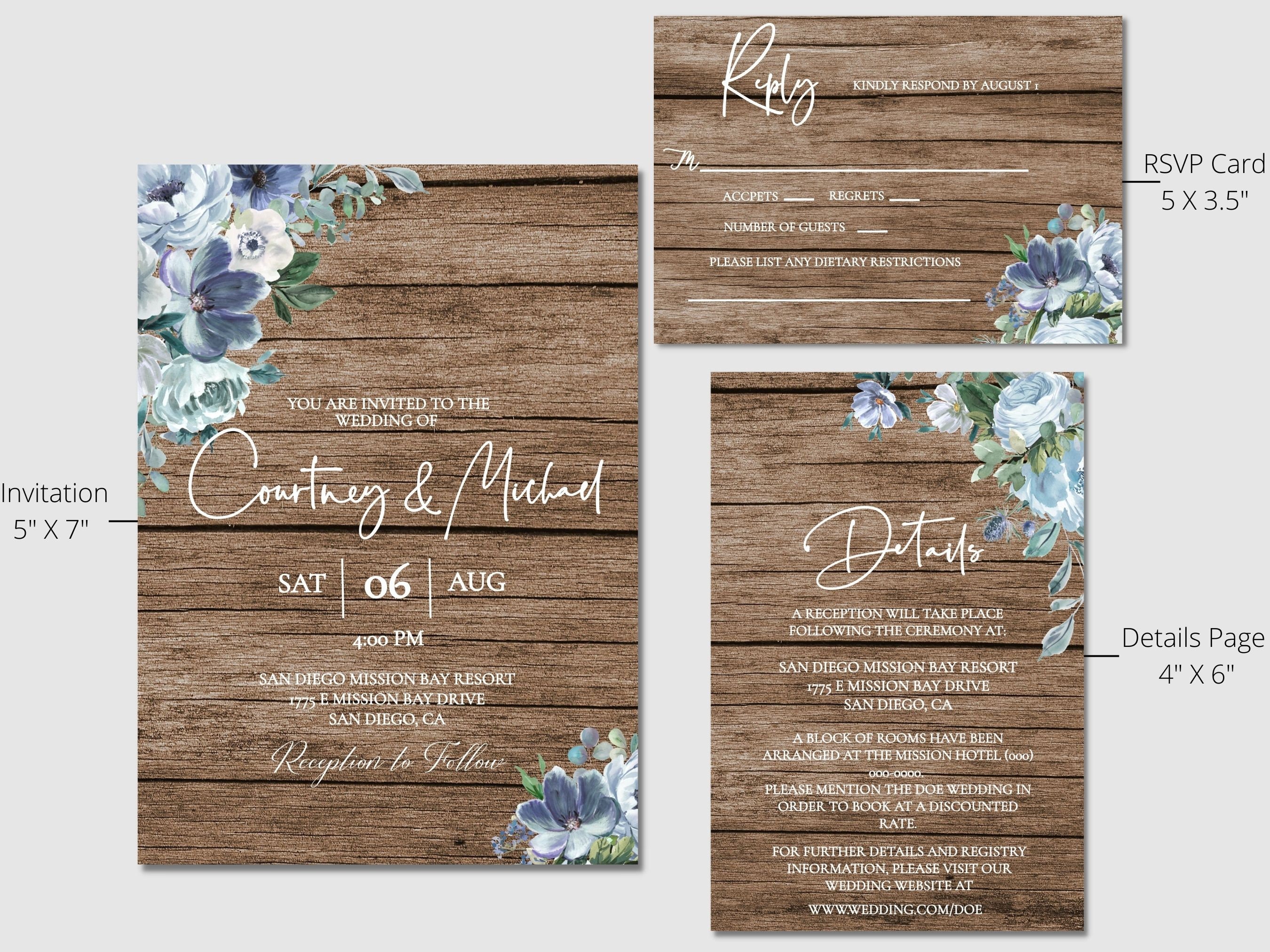 Rustic Dusty Blue Wooden Wedding Invitation Template, Printable Blue ...