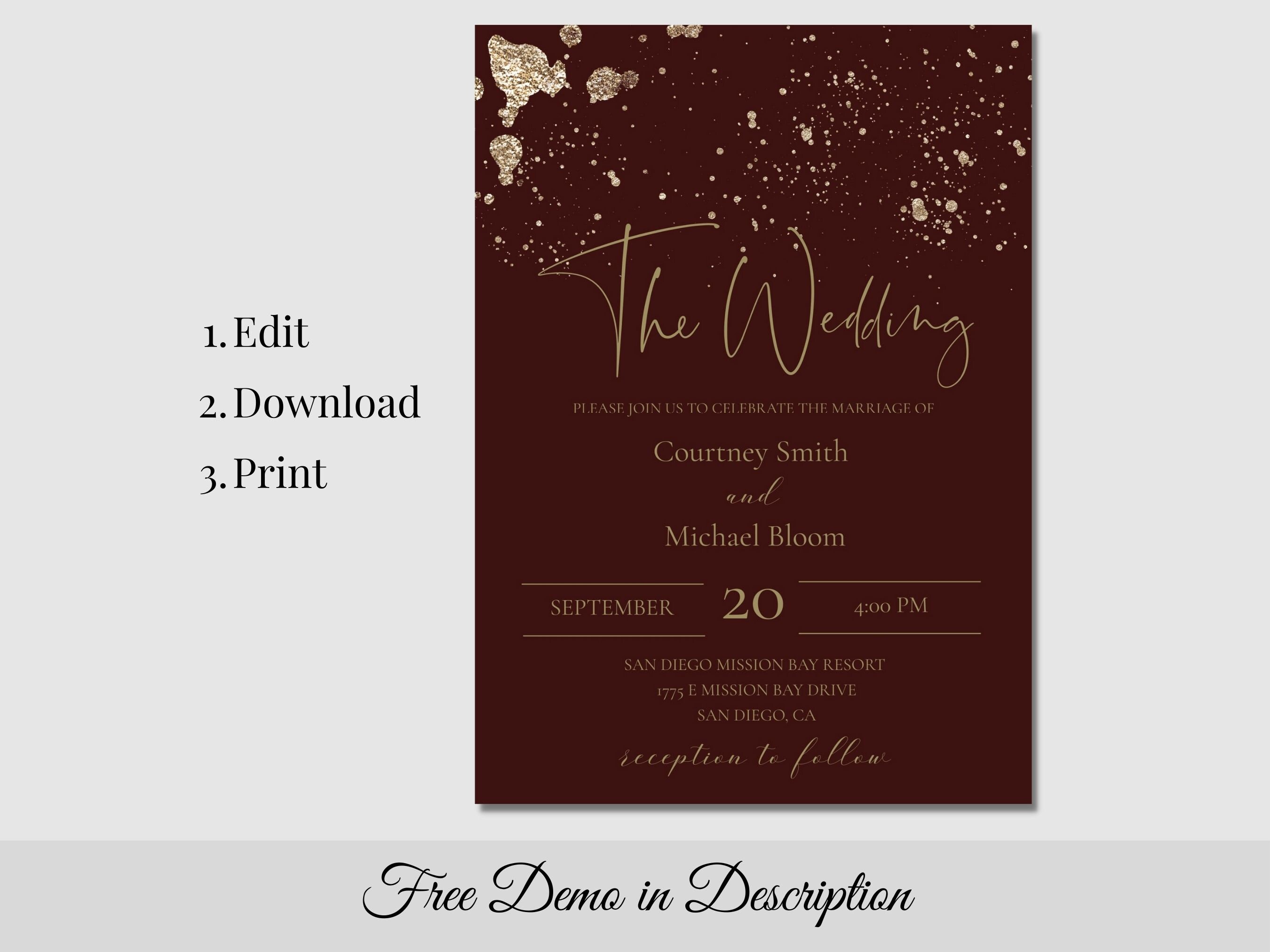 Dark Wine and Gold Wedding Invitation Set Printable Deep Red - Etsy