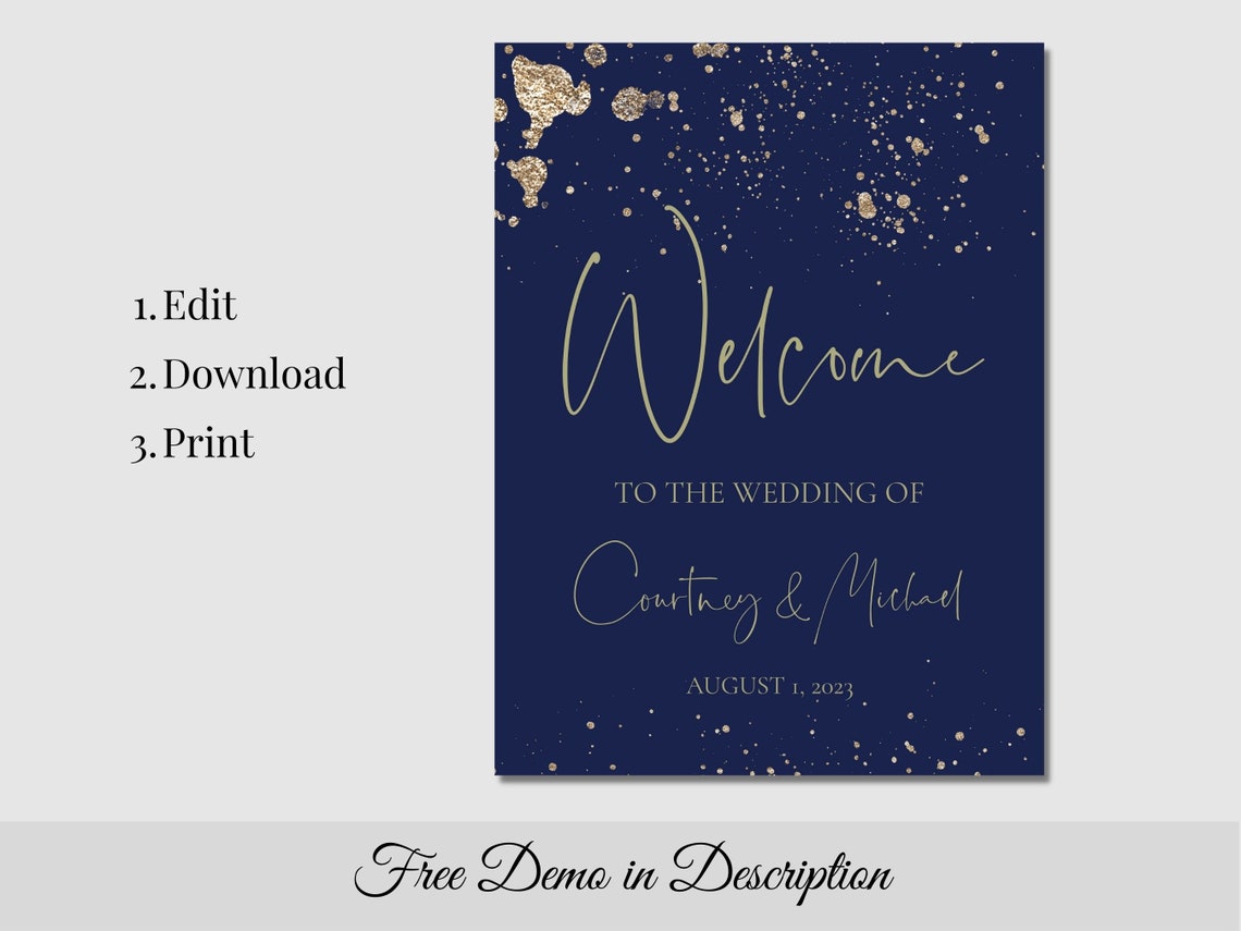 Navy and Gold Wedding Welcome Sign Template, Printable Dark Blue ...