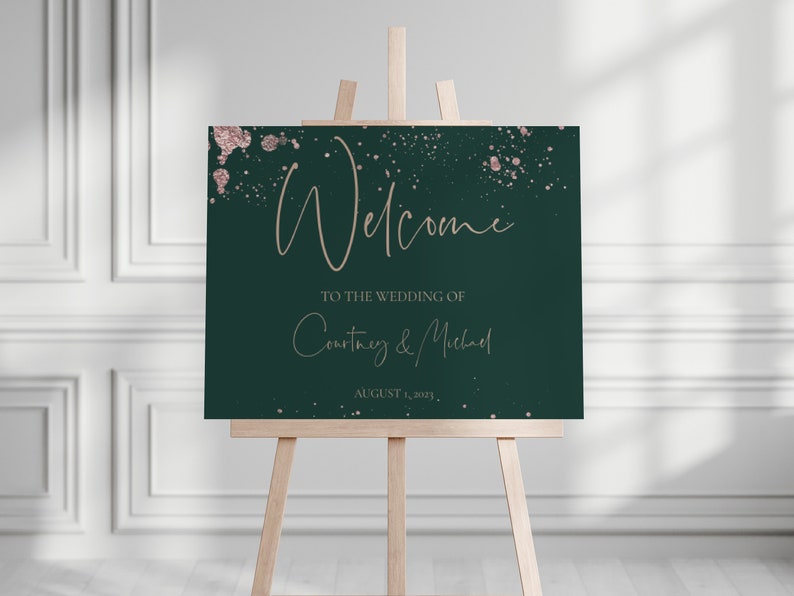 Emerald Green and Rose Gold Wedding Welcome Sign Template, Printable ...