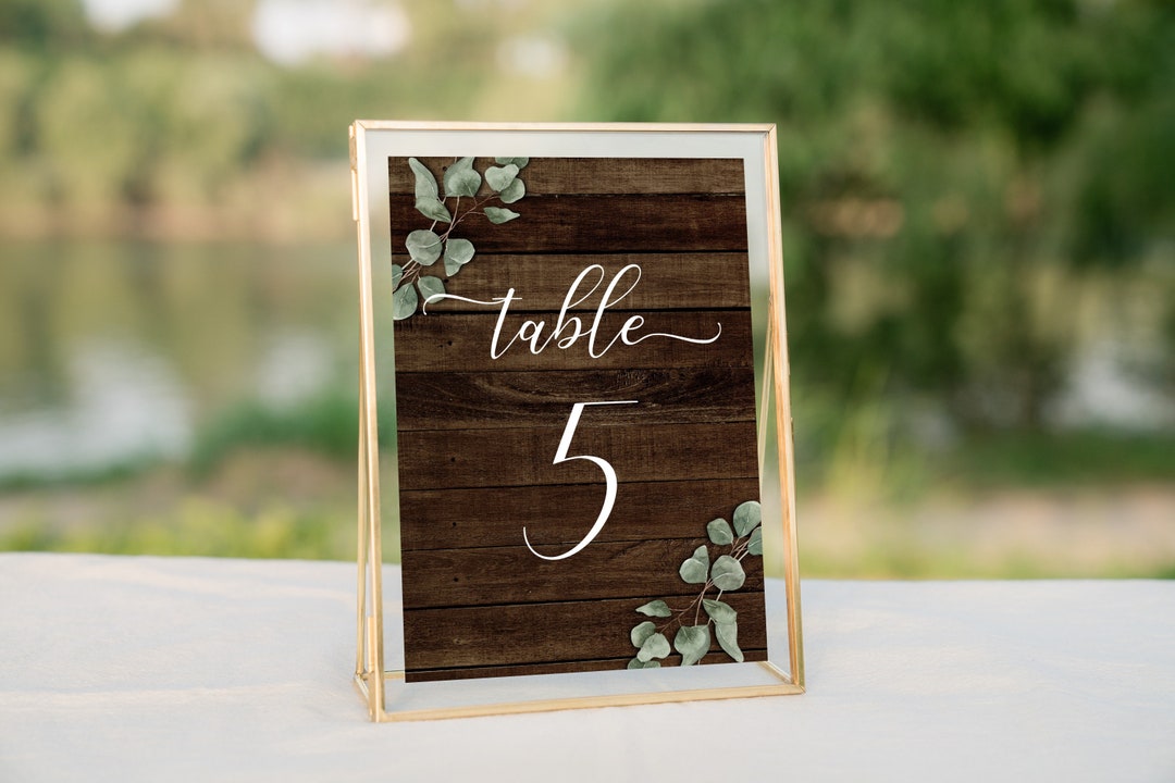 Rustic Dark Wooden Table Number, Printable Wood and Greenery Table ...