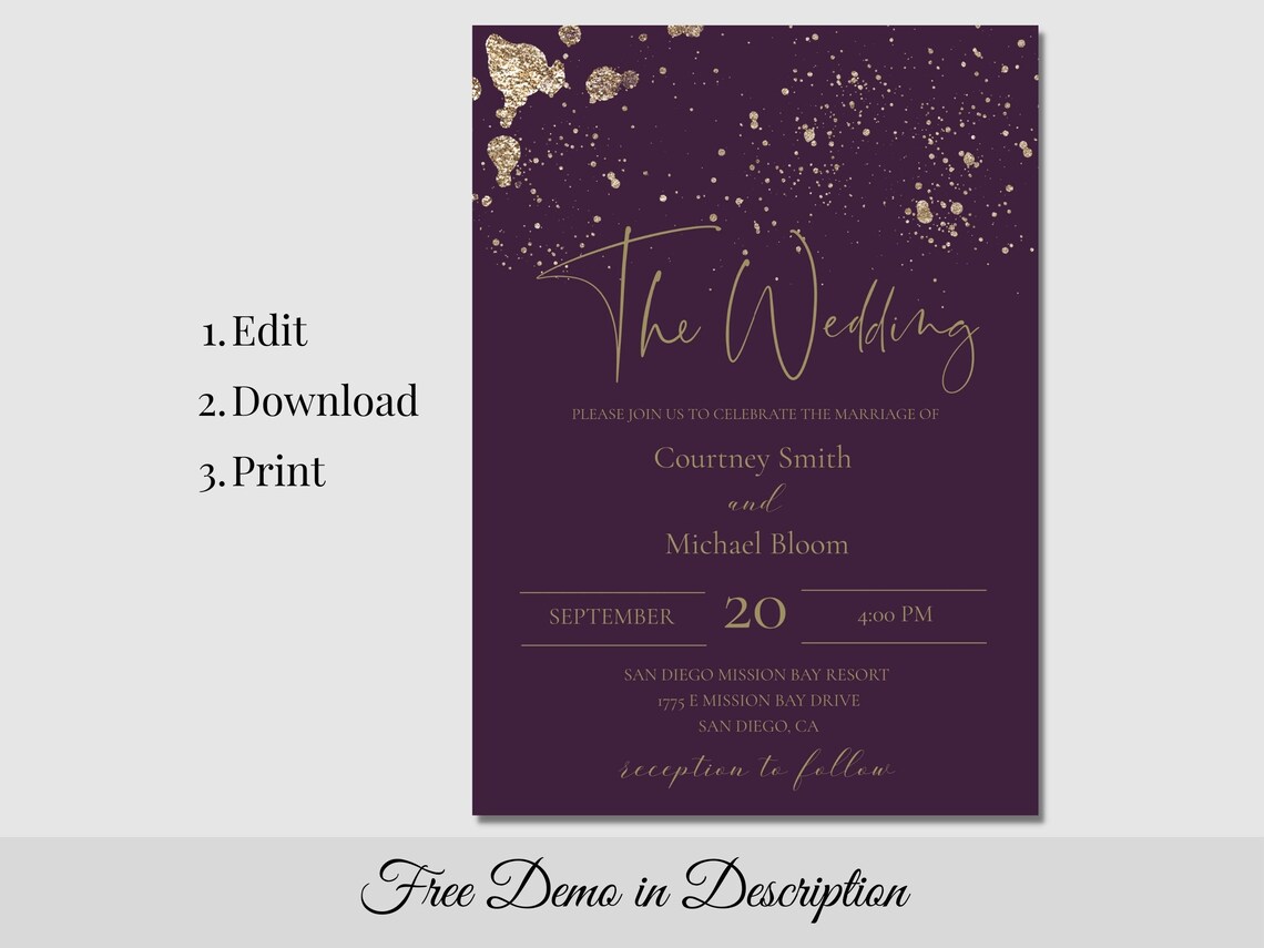 Dark Purple and Gold Wedding Invitation Set Deep Plum Wedding - Etsy