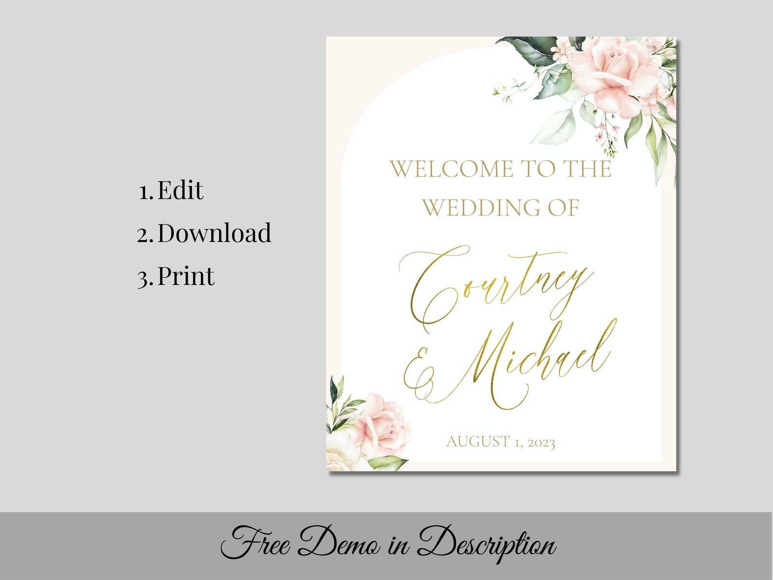 Blush and Gold Foil Wedding Welcome Sign Template, Printable Light Pink ...