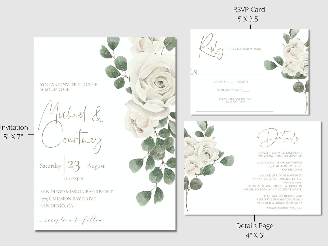 White Floral and Greenery Wedding Invitation Set, Rustic Eucalyptus ...