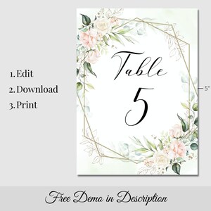 Blush and Sage Table Number, Pink and Gold Rustic Wedding Table Number ...