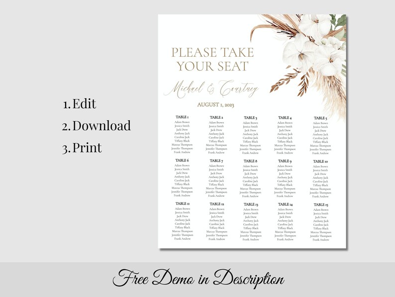 Boho Chic Wedding Seating Chart Template, Rust and White Floral ...