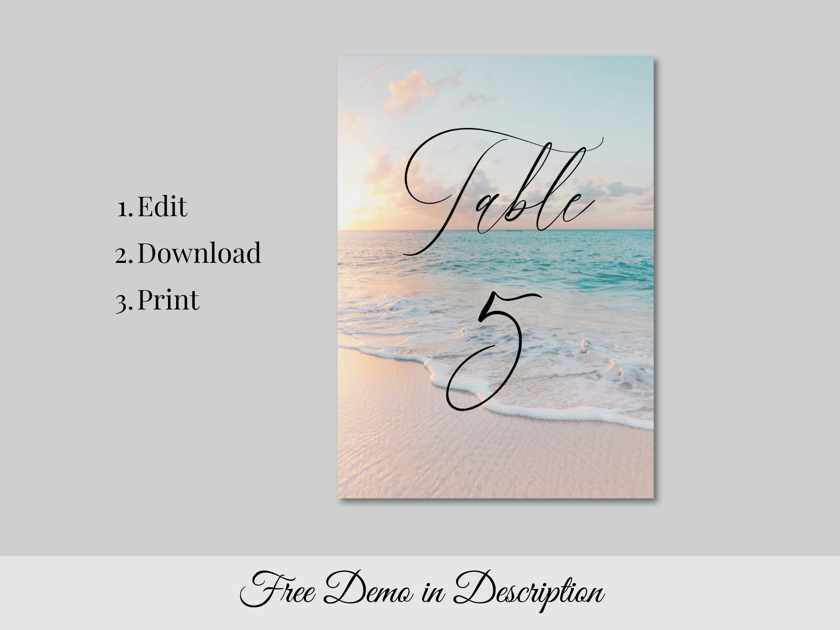 Beach Wedding Table Number Template, Printable Coastal Table Number ...