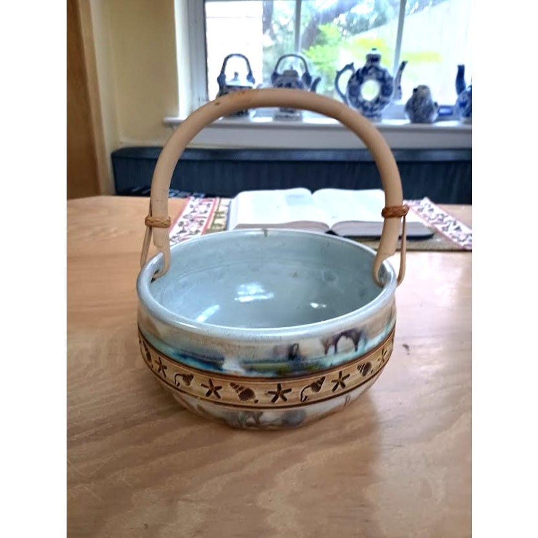 Vintage Pottery Ceramic Basket With Wood Trim and Wooden Handle - Etsy