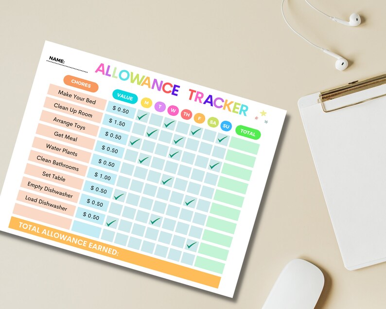 Allowance Tracker for Kids Printable Allowance Chore Chart - Etsy