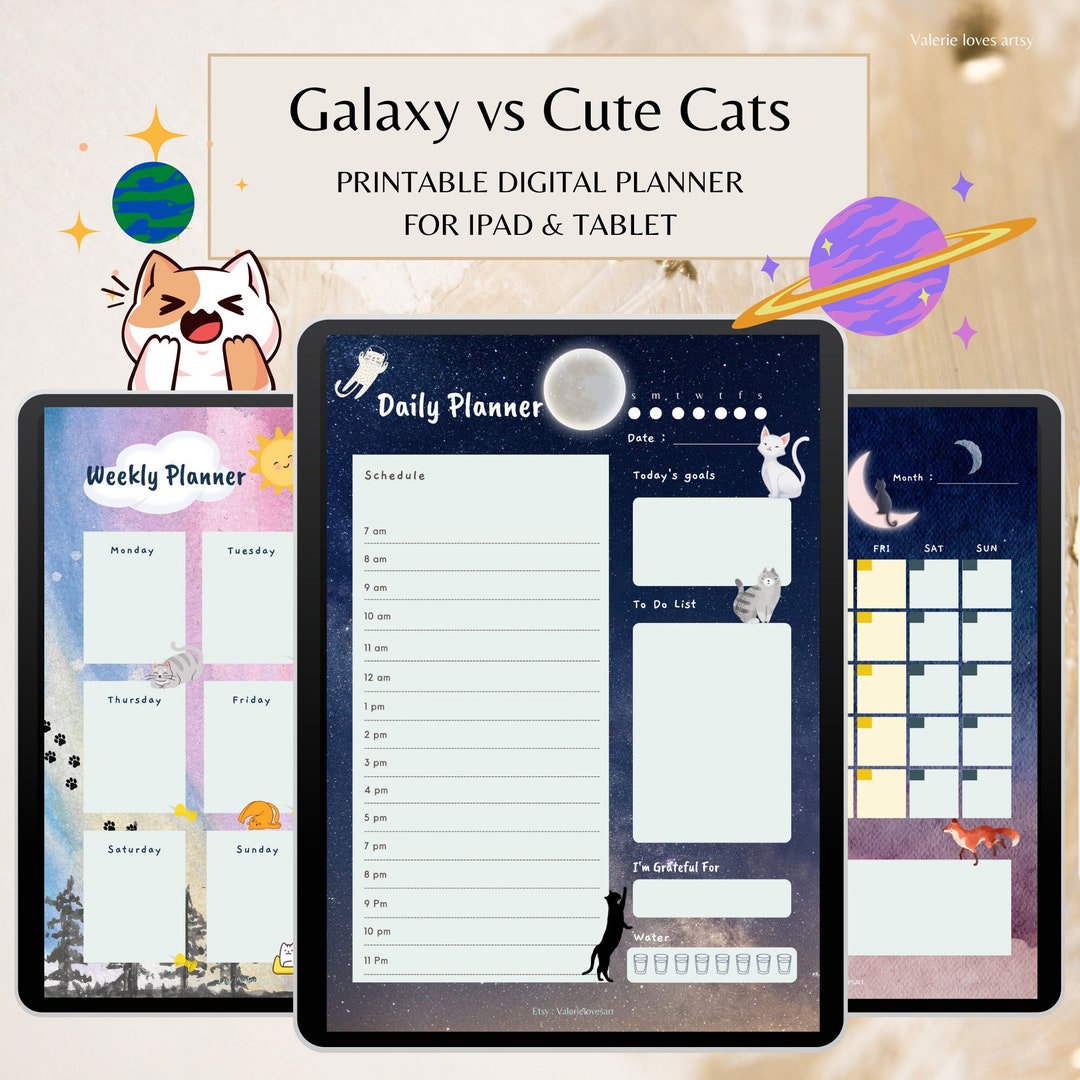 Galaxy & Cute Cats Space Undated Digital Planner 2022 Daily Monthly ...