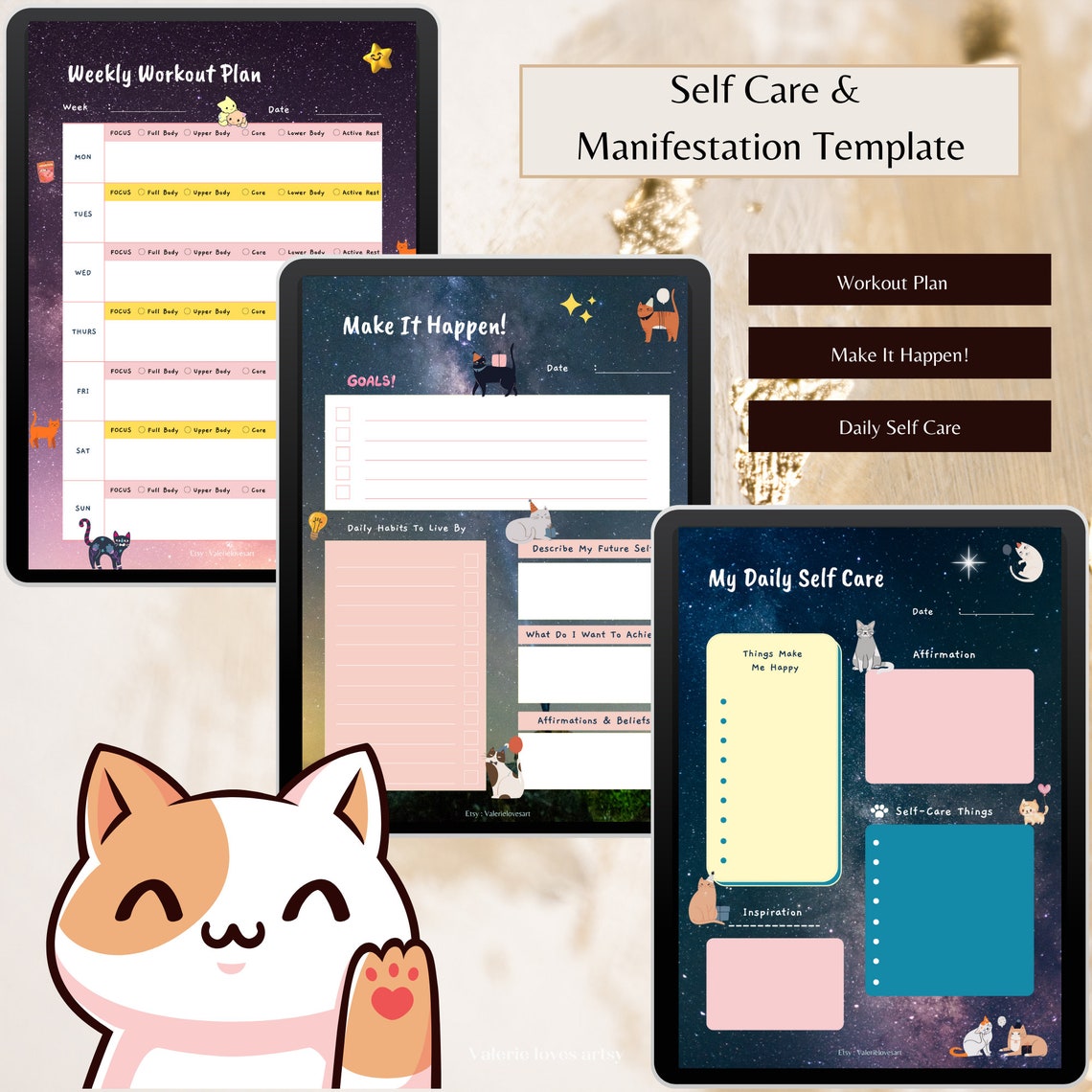 Galaxy & Cute Cats Space Undated Digital Planner 2022 Daily Monthly ...