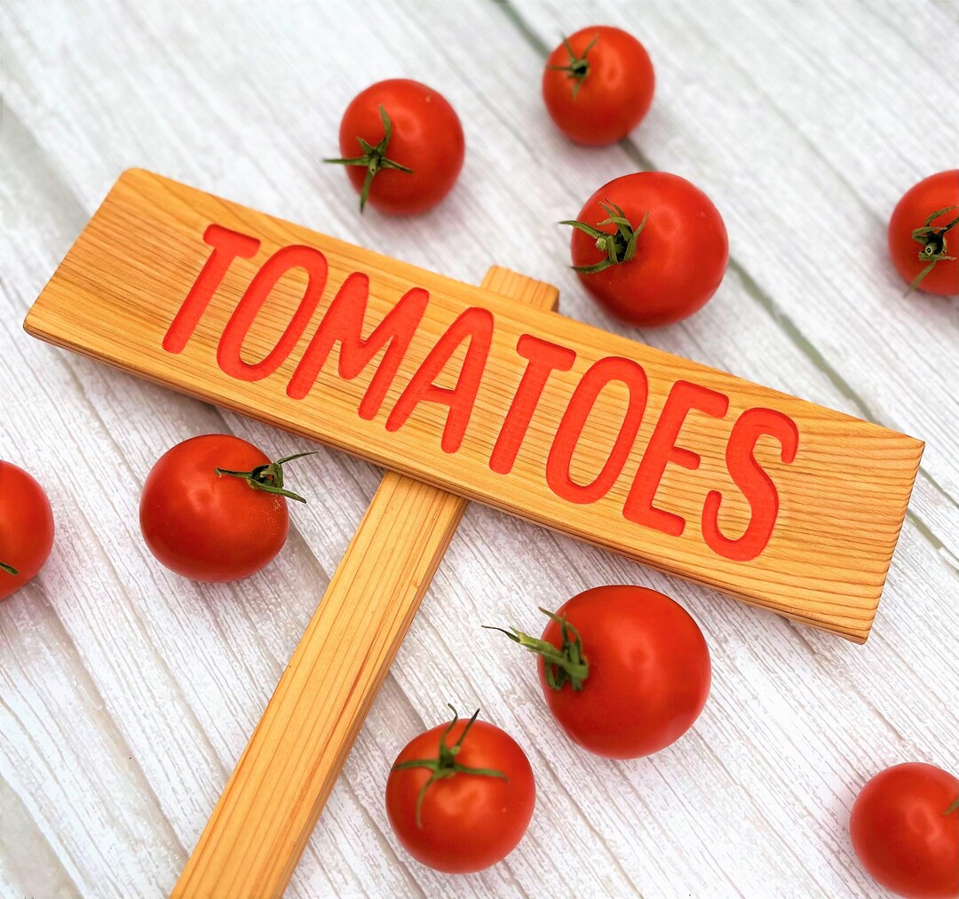 Cedar Wood Sign Garden Marker Tomatoes Carved, Painted & Sealed Stake ...