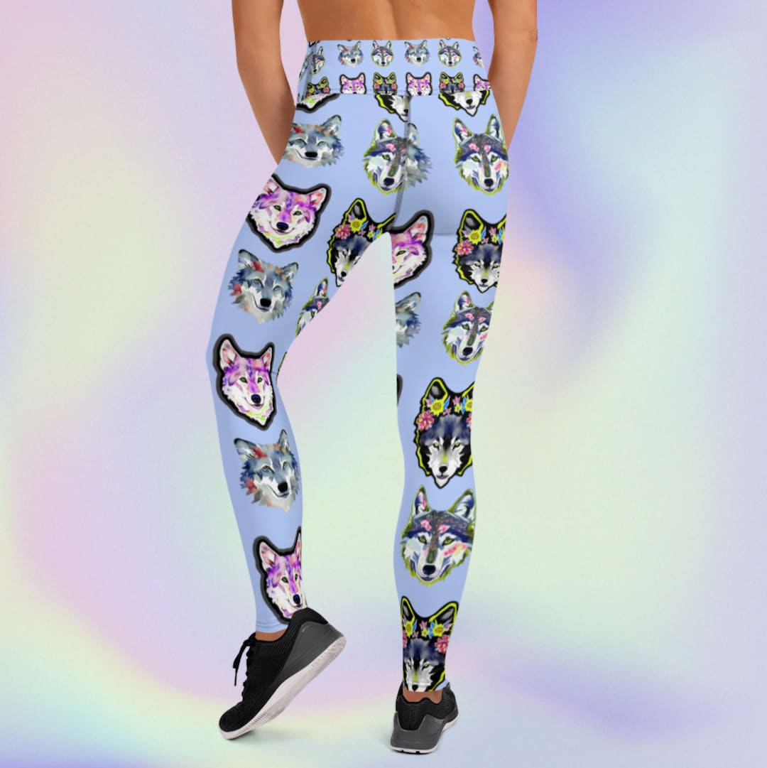 Wolf Yoga Pant Athleisure Wolves Leggings Lavender Floral Stretchy - Etsy