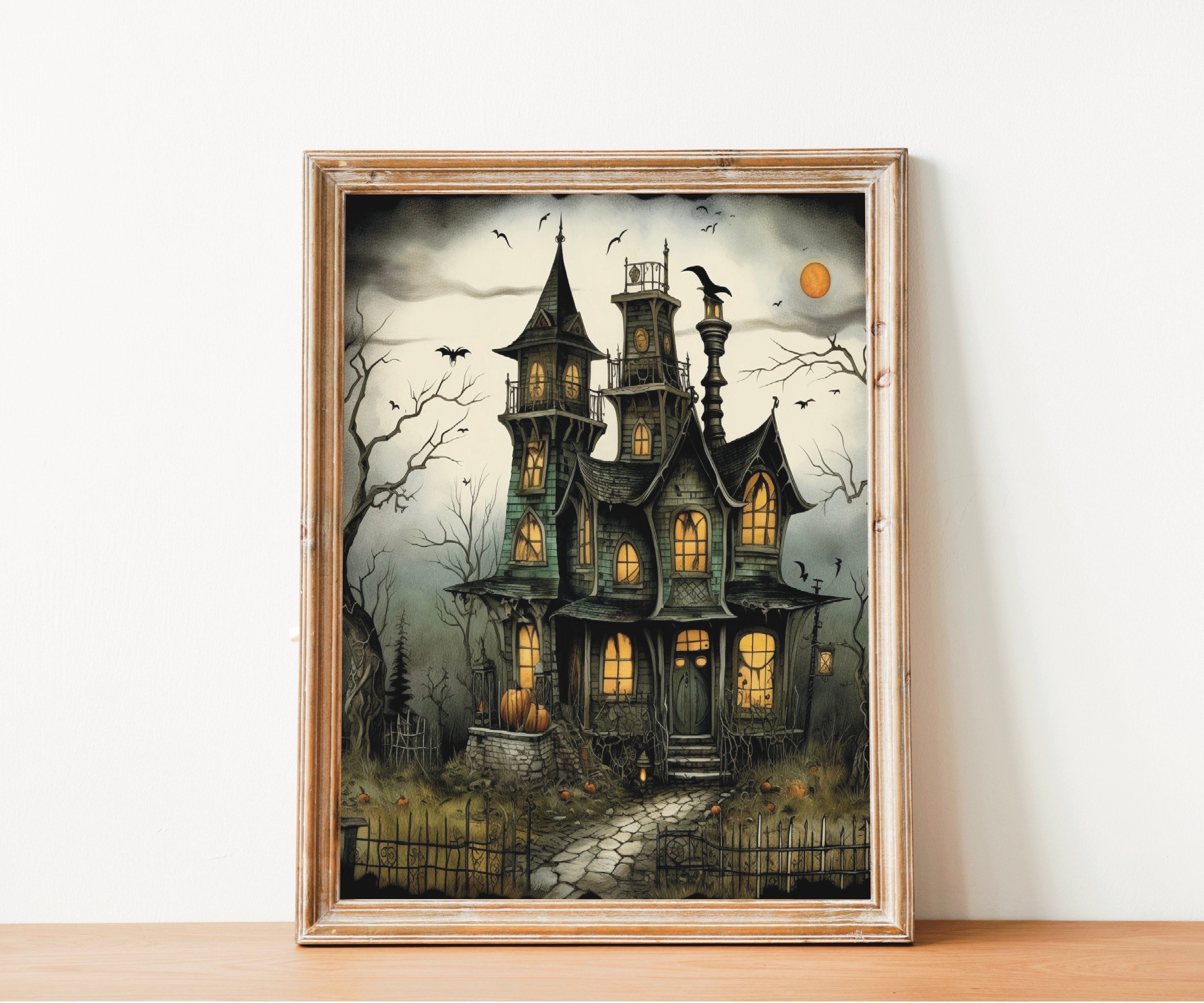 Victorian-style Haunted House Full Moon Halloween Print, Vintage ...