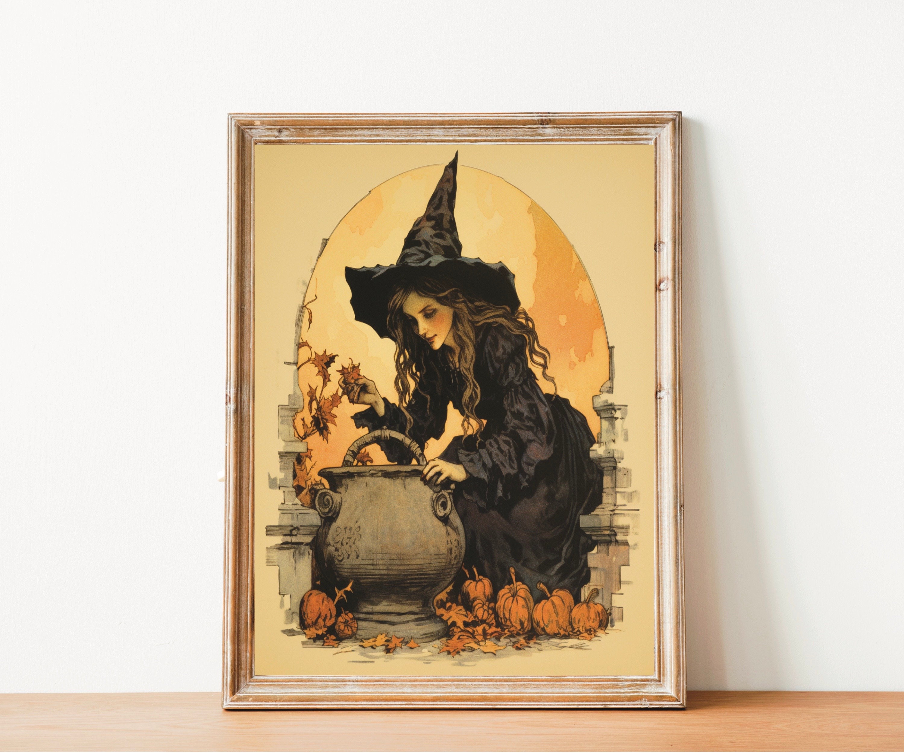 Witch Stirring Her Cauldron Halloween Print, Orange and Grey Vintage ...