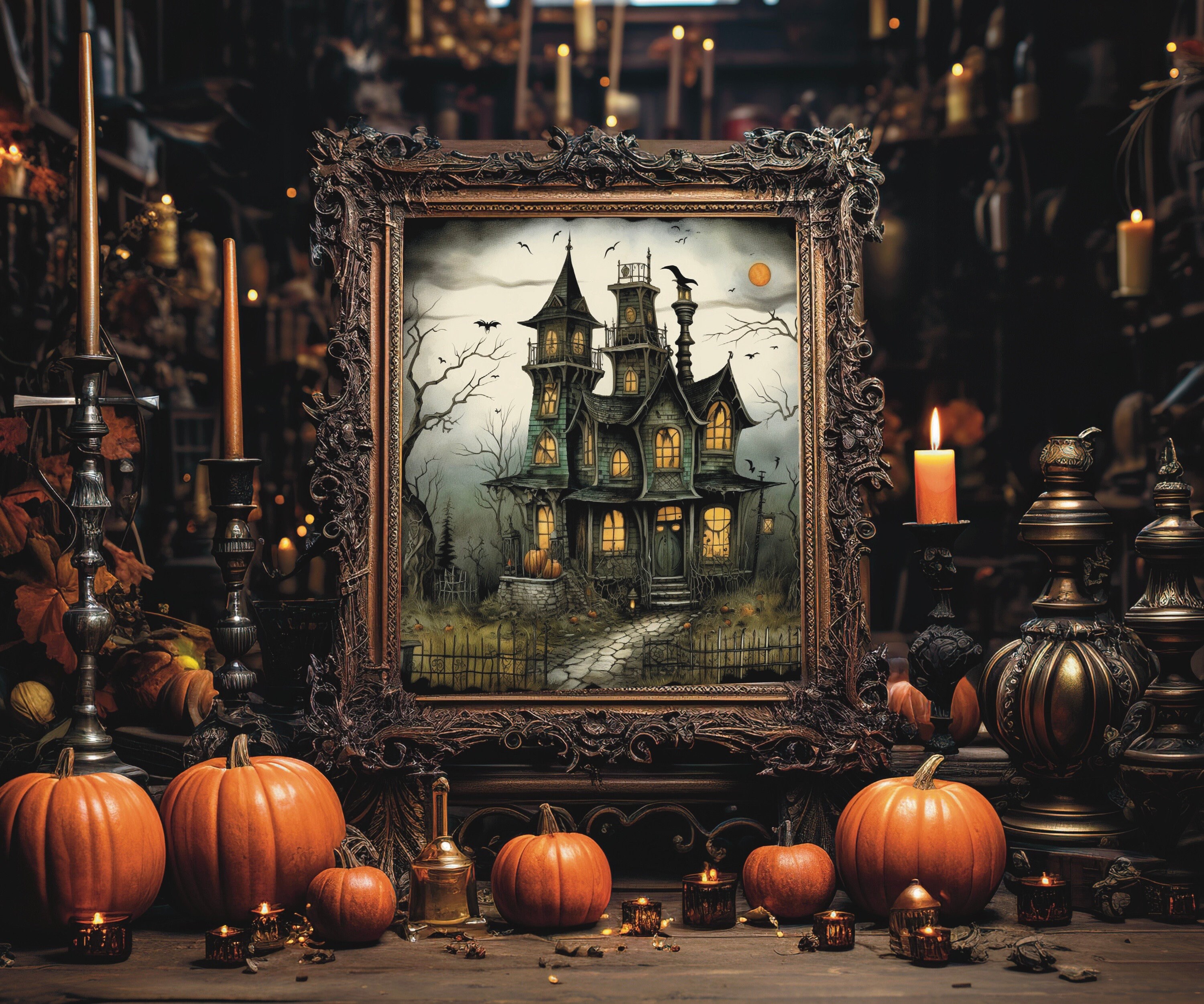 Victorian-style Haunted House Full Moon Halloween Print, Vintage ...