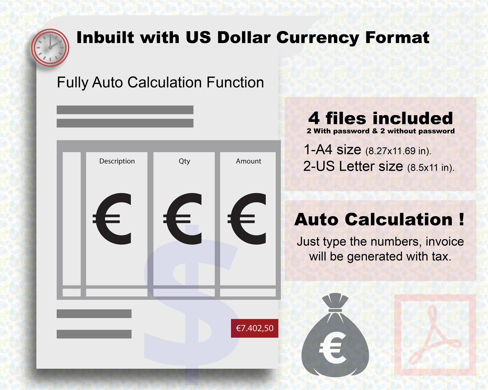 Invoice | Fillable Pdf Invoice Template | Built-in With Euro Currency ...
