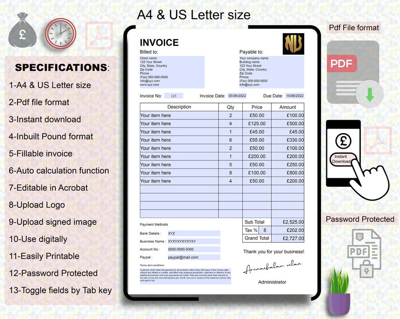 Invoice Fillable Pdf Invoice Template UK Built in With - Etsy