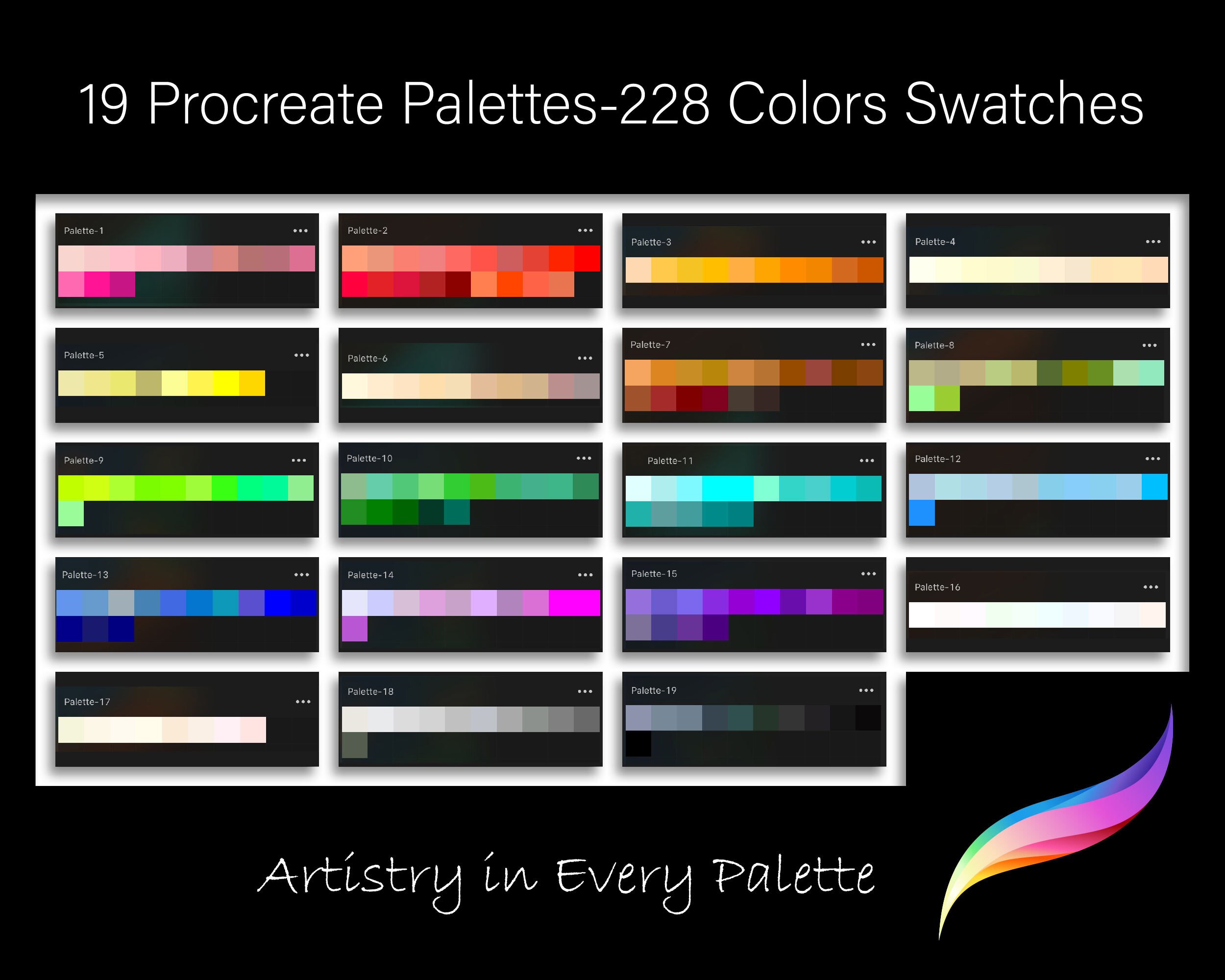 Procreate Color Palettes | 19-palettes | 228 Color Swatches | Color ...