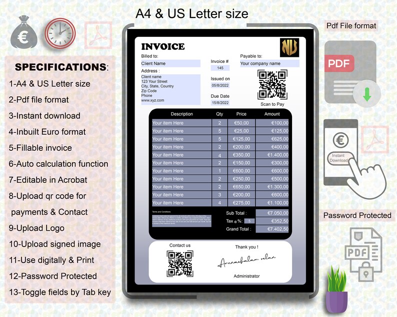 Invoice Fillable Pdf Invoice Template Built-in With Euro - Etsy