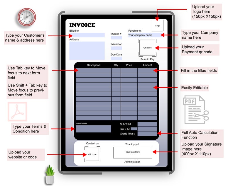 Invoice | Fillable Pdf Invoice Template | Built-in With US Currency ...