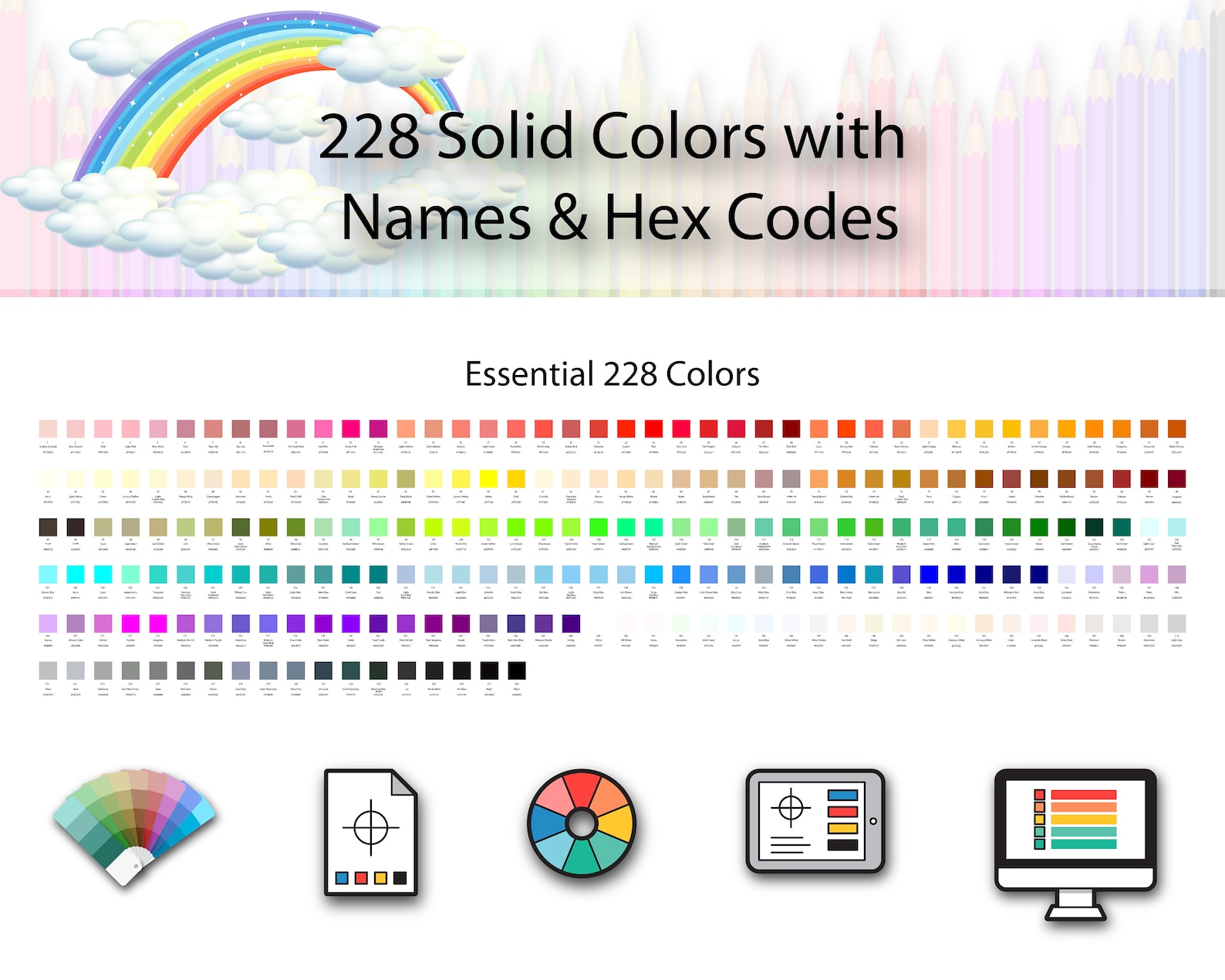 228 Solid Color Swatches With Names & Hex Codes (digital Download) - Etsy