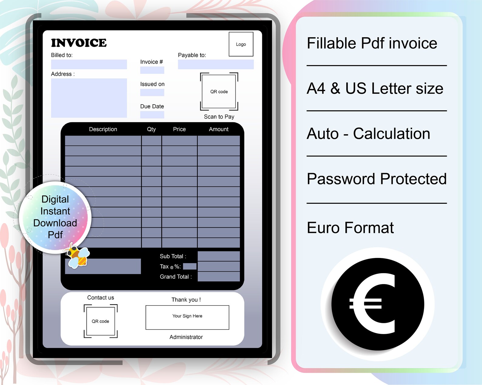 Invoice Fillable Pdf Invoice Template Built-in With Euro - Etsy