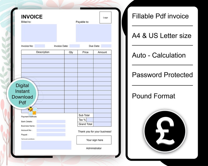 Invoice Fillable Pdf Invoice Template UK Built in With - Etsy