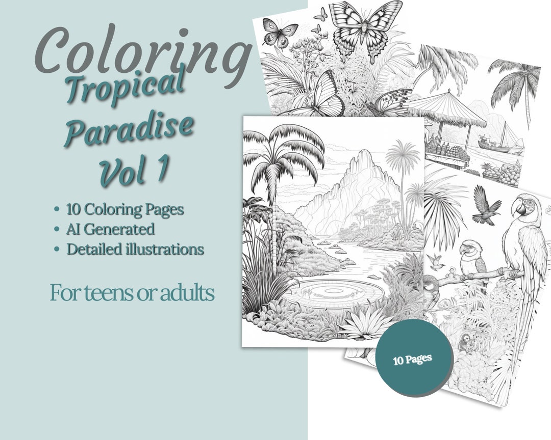 Tropical Paradise Coloring Pages Vol 1 Beaches, Tropical Scenes 10 ...
