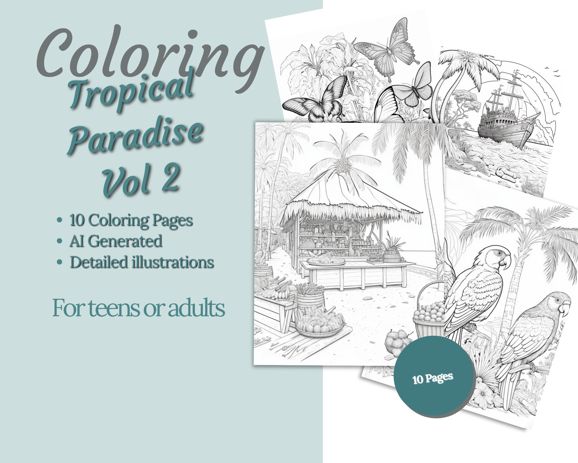 Tropical Paradise Coloring Pages Vol 2 - Beaches, Tropical Scenes - 10 ...