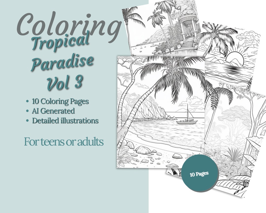 Tropical Paradise Coloring Pages Vol 3 - Beaches, Tropical Scenes - 10 ...