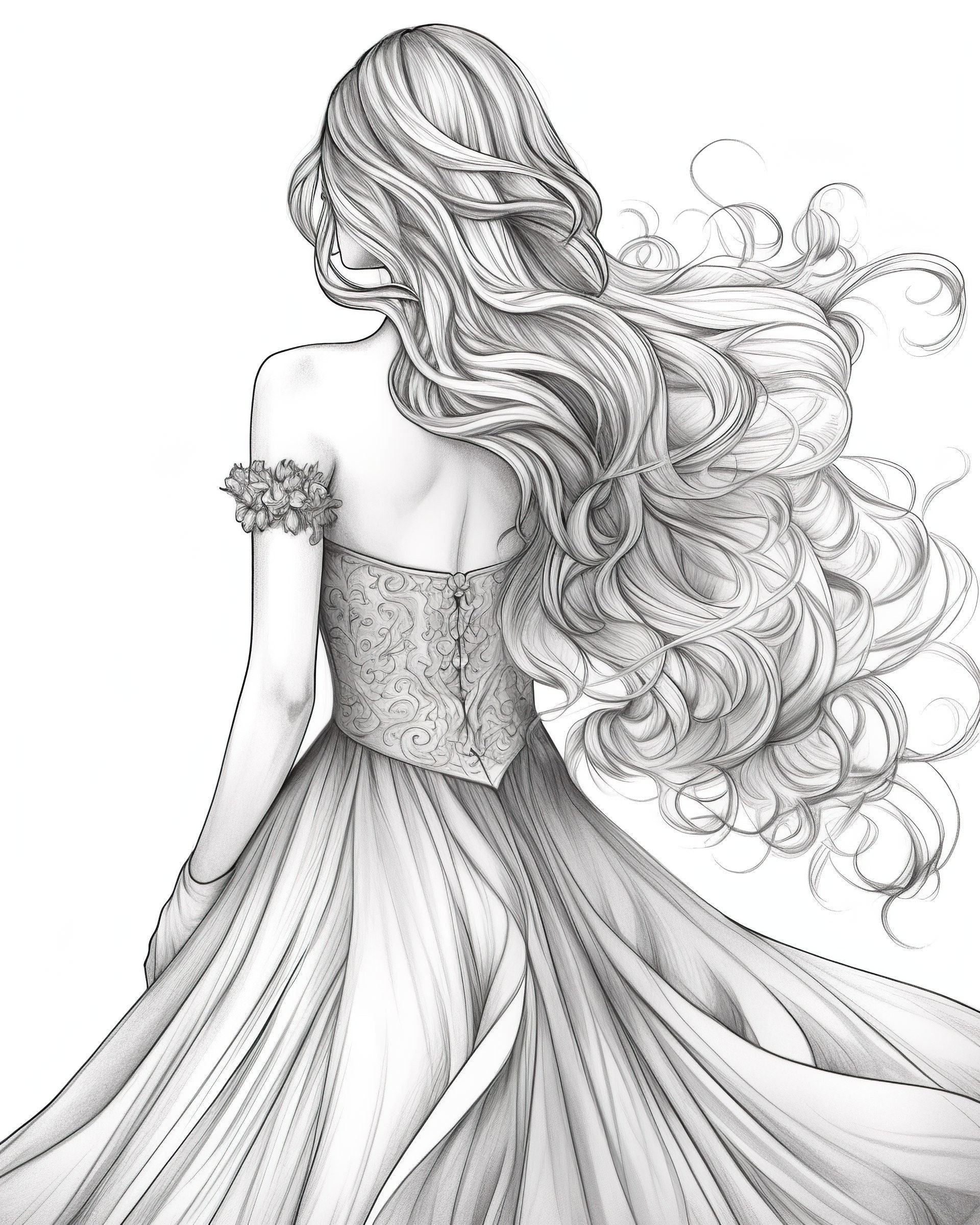 Long Hair Coloring Pages Vol 1 Long Wavy Hair 10 Printable Pages of AI ...