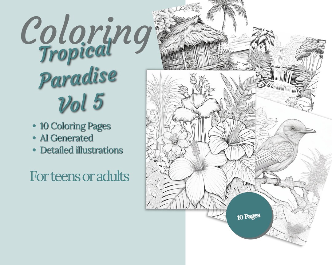 Tropical Paradise Coloring Pages Vol 5 Beaches, Tropical Scenes 10 ...
