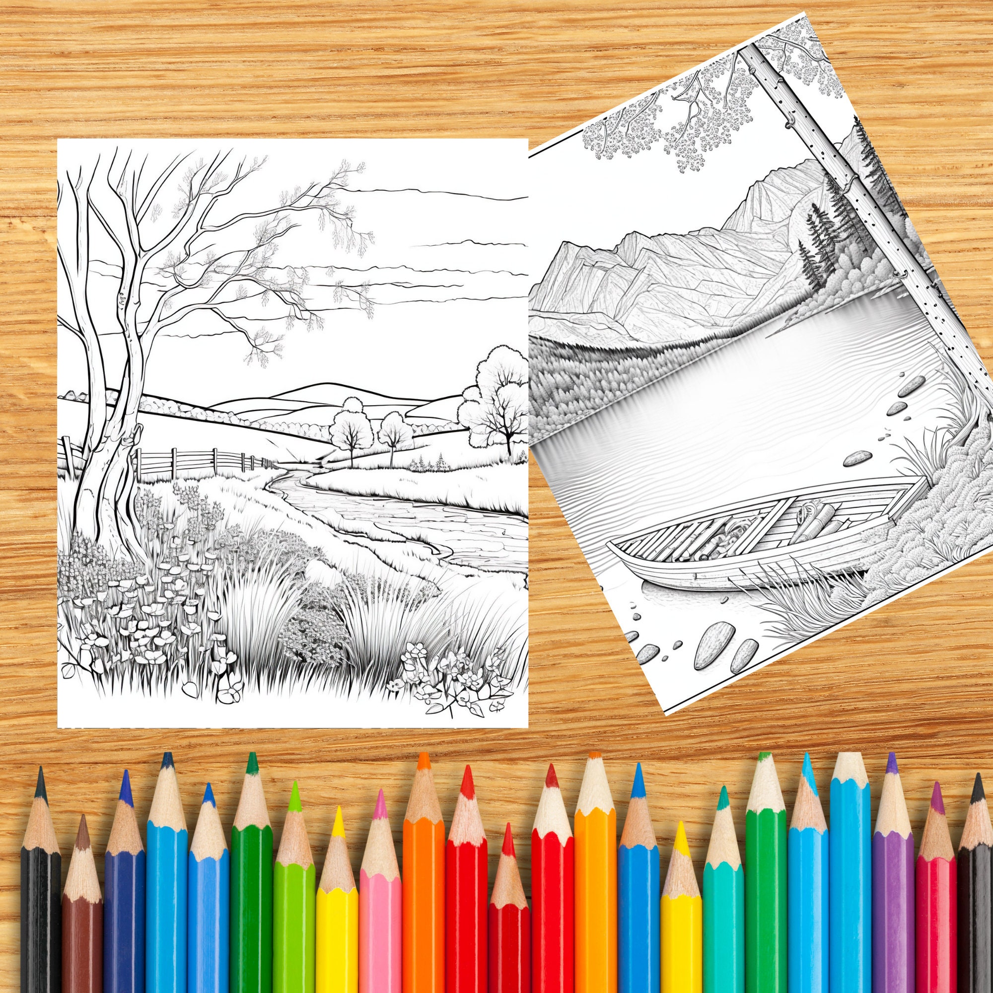 Landscape Coloring Pages Vol 1 Mountains Lakes and Meadows - Etsy
