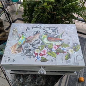 Upcycled Handpainted Gray Jewelry Box With Colorful Bird Transfers and ...