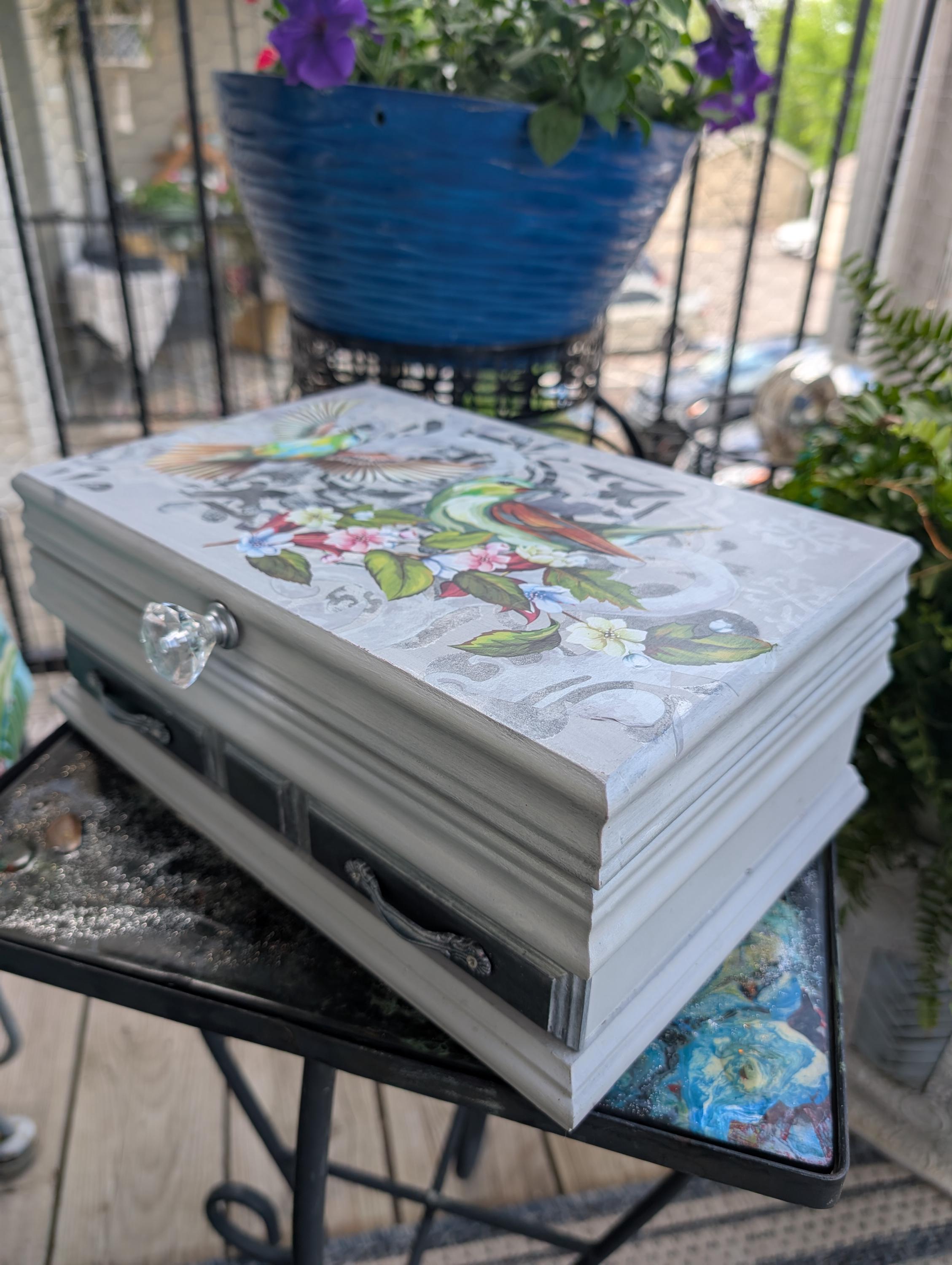 Upcycled Handpainted Gray Jewelry Box With Colorful Bird Transfers and ...
