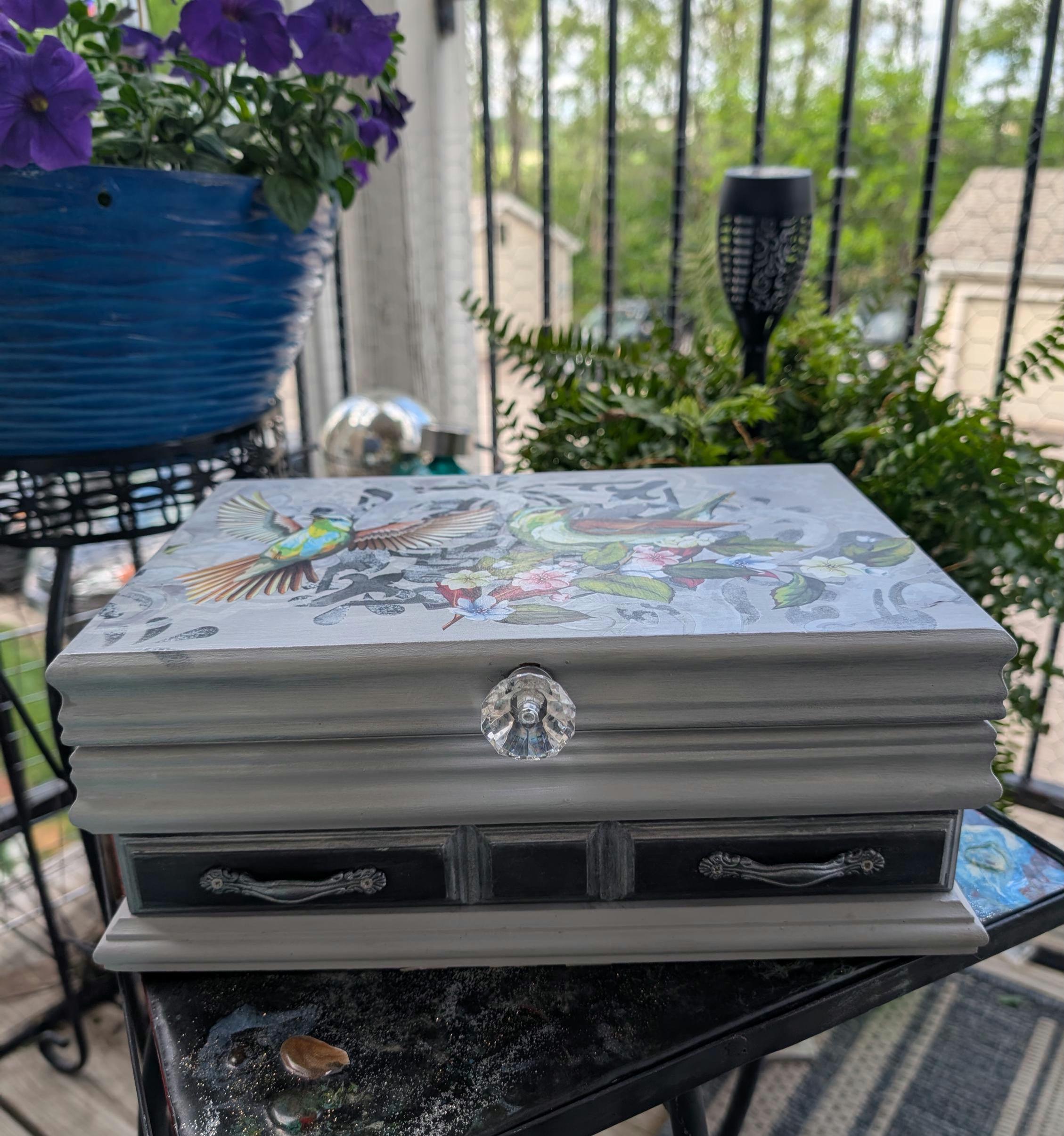 Upcycled Handpainted Gray Jewelry Box With Colorful Bird Transfers and ...