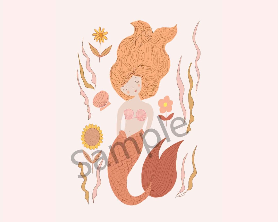 Horizontal, Vintage Mermaid, Boho Room Art, Printabl, Peach and Pink ...