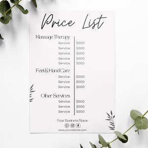 Massage Price List Template: Esthetician & Spa Pricing (canva, Instant ...